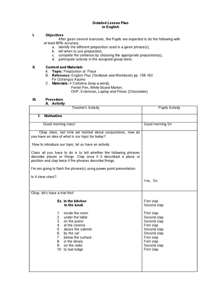 Final Lesson Plan on Prepositions | PDF | Preposition And Postposition ...
