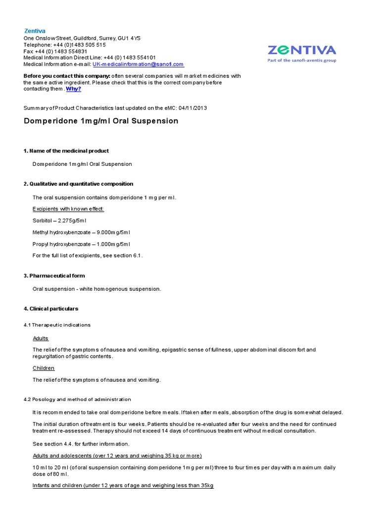 Domperidone 1mg/ml Oral Suspension Guide | PDF | Pharmacology | Medical ...