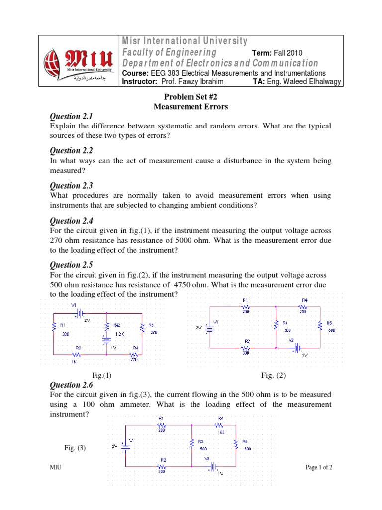 EEG383 Measurement - Problem Set 2 - Measurement - Errors | PDF | Volt | Observational Error
