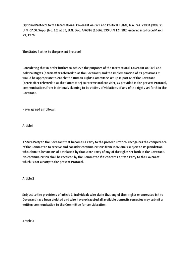 First Protocol ICCPR | PDF | Ratification | Treaty