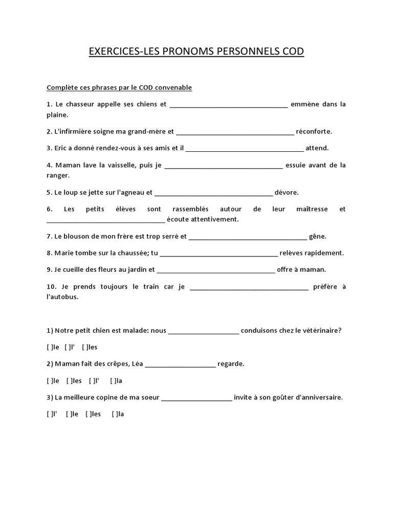 Exercices sur les pronoms COD | PDF | Livres de cuisine, nourriture et ...