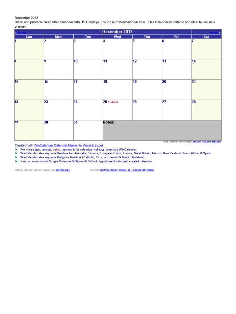 December 2013 Calendar US Holidays | PDF