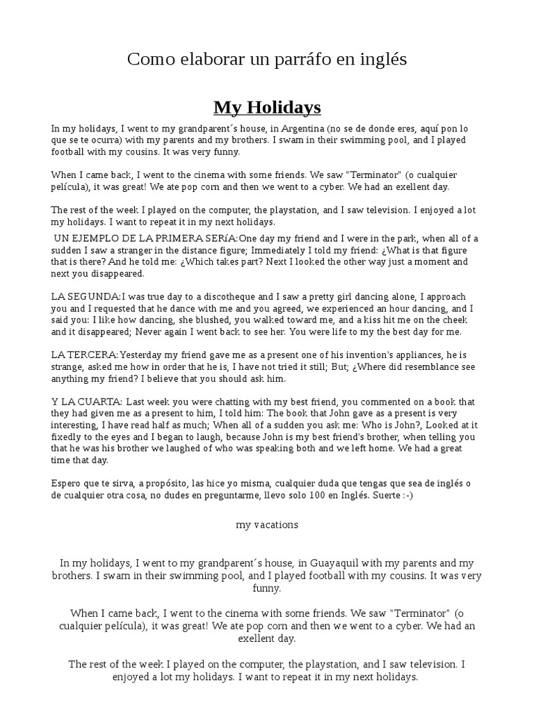 Como Elaborar Un Parráfo en Inglés: My Holidays | PDF | American Songs ...
