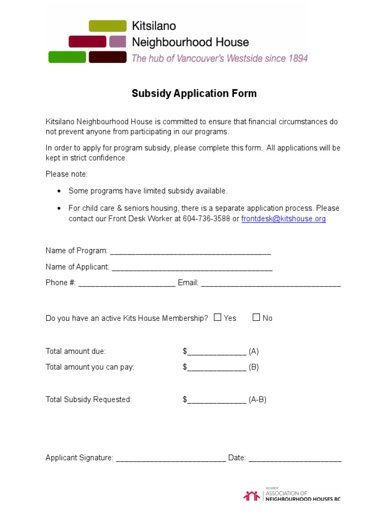 Kitsilano Subsidy Application Form | PDF