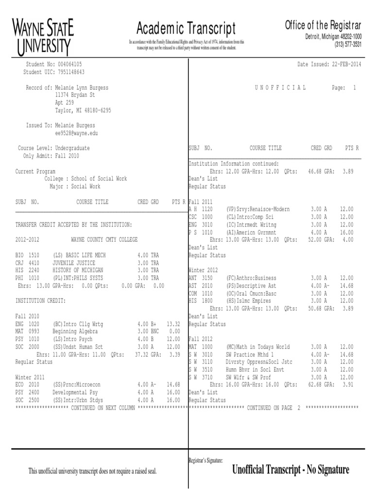 Unofficial Transcript | PDF | Course Credit | Graduate School