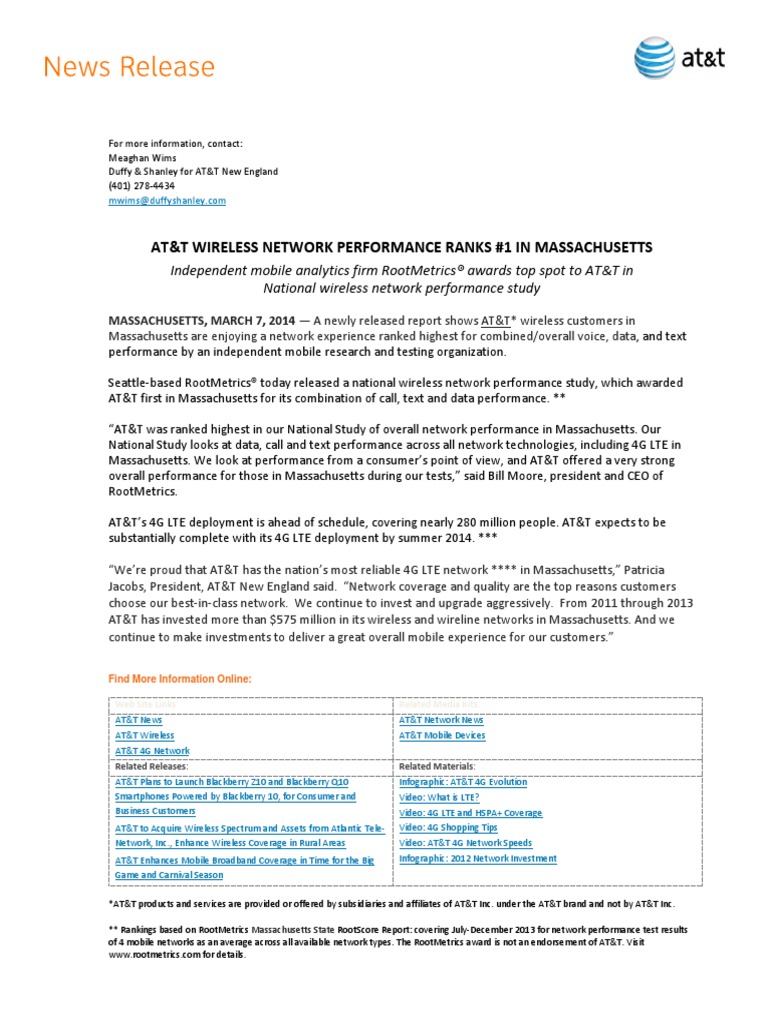 Massachusetts Rootmetrics National Study 030714 | PDF | At&T Mobility | 4 G