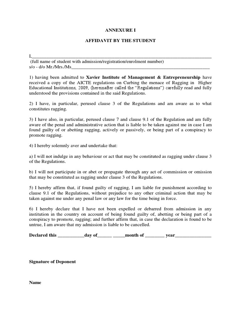 Annexure I Affidavit by The Student | PDF | Affidavit | Comparative Law