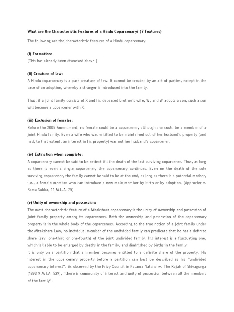 What Are The Characteristic Features of A Hindu Coparcenary? (7 ...