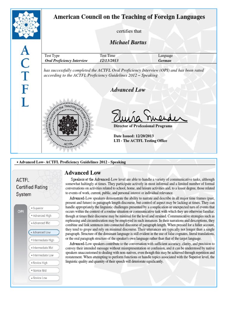 Actfl Advanced Low Certificate | PDF | Linguistics | Symbols