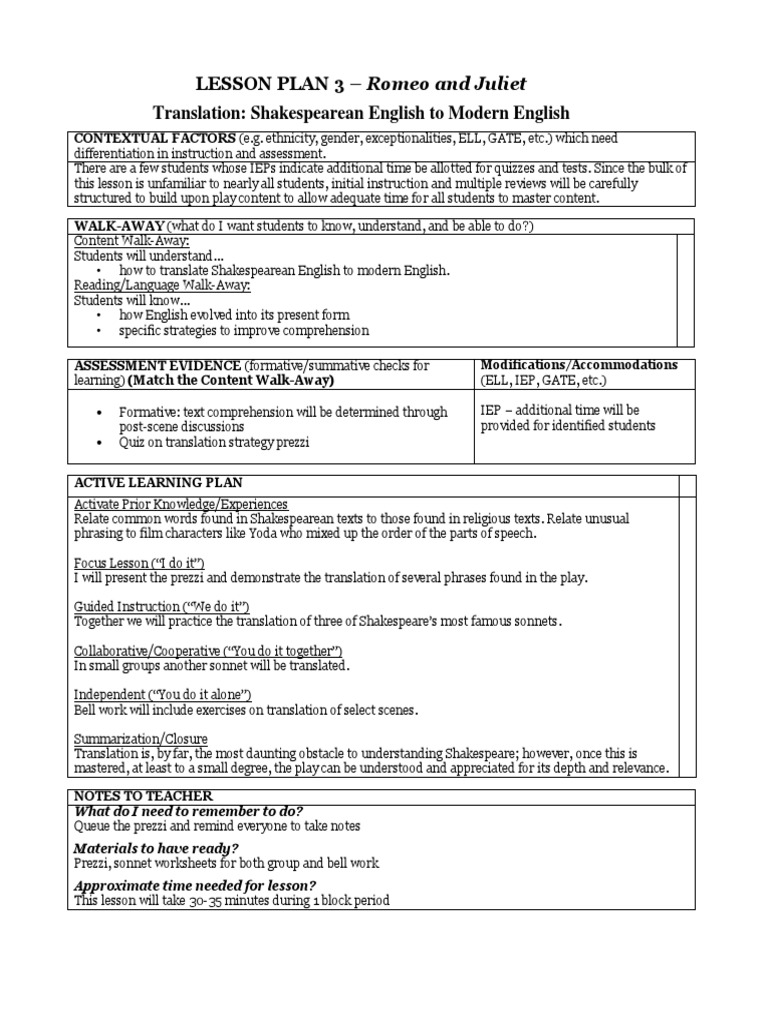 Shakespeare to Modern English Lesson Plan | PDF | Reading Comprehension ...