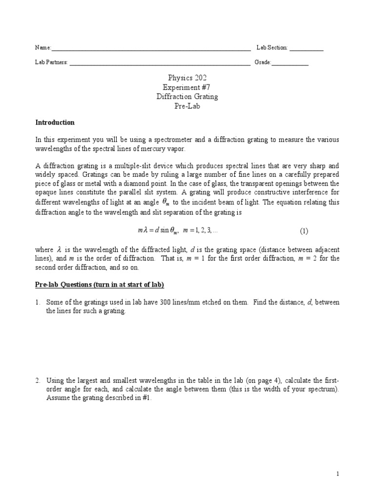 Physics 202 Experiment #7 Diffraction Grating Pre-Lab | PDF ...