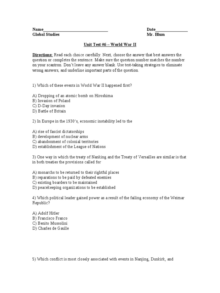 Unit Test 6 World War 2 | PDF | World War II | Fascism