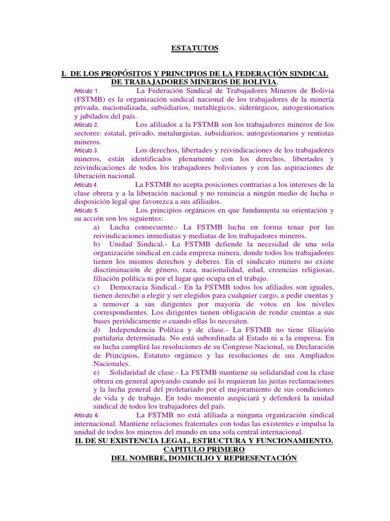 Estatutos de La FSTMB | PDF | Sindicato | Bolivia