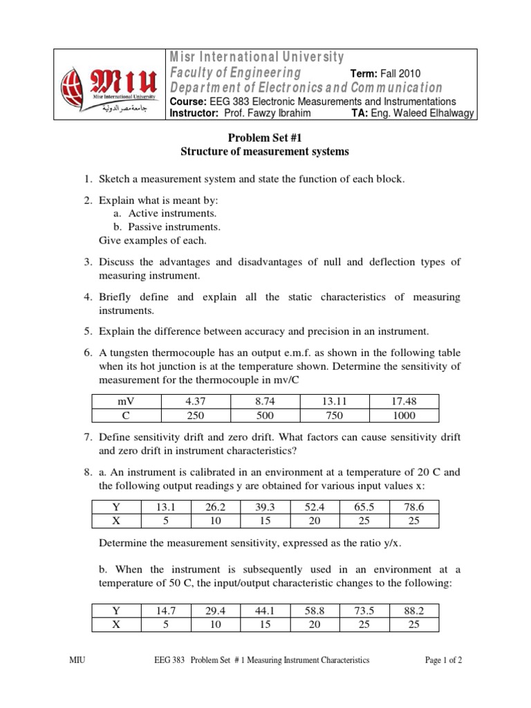 EEG383 Measurement - Problem Set 1 - Measuring Instruments - Structure - and - Characteristics ...
