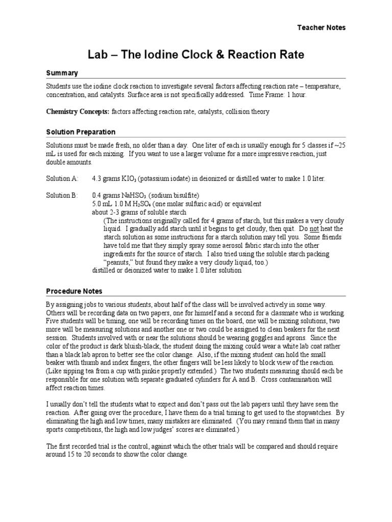Lab - Iodine Clock - Teacher | Download Free PDF | Catalysis | Reaction ...
