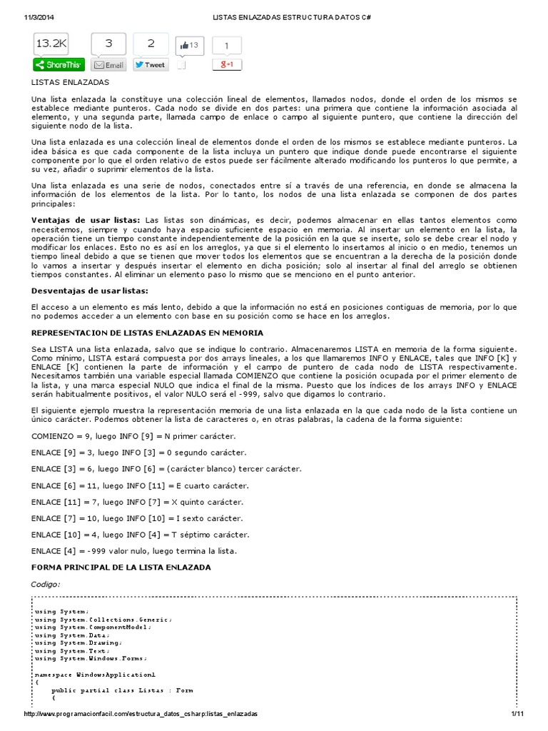 Listas Enlazadas Estructura Datos C# | PDF | Puntero (Programación de ...