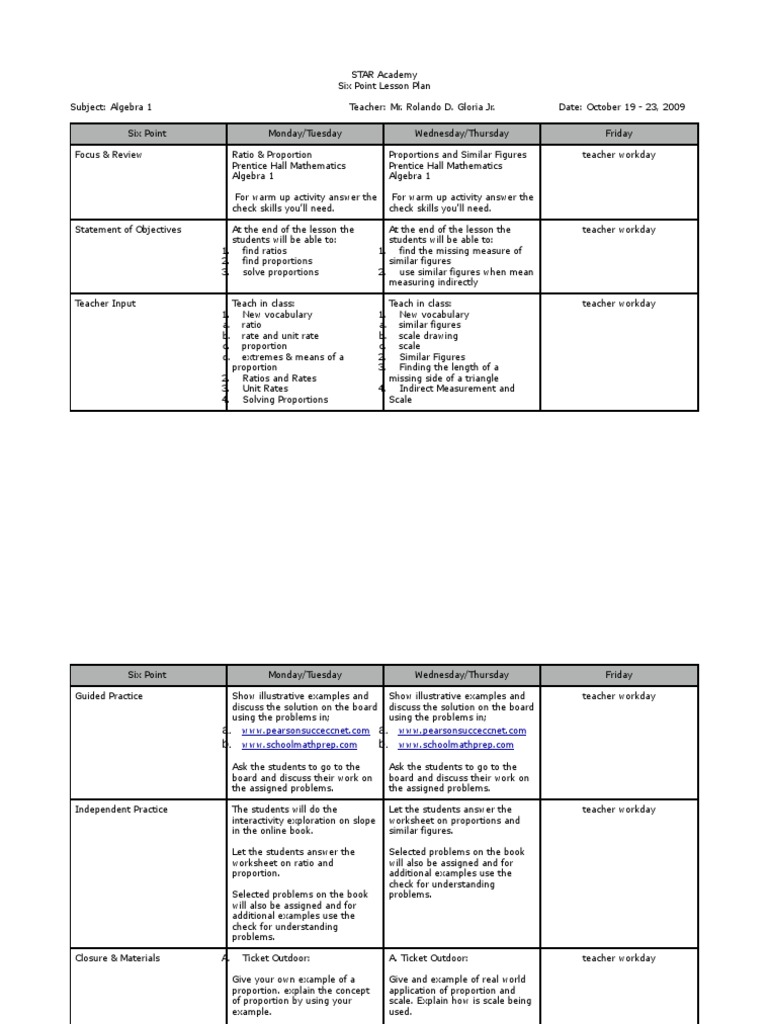 STAR Academy Six Point Lesson Plan Subject: Algebra 1 Six | PDF