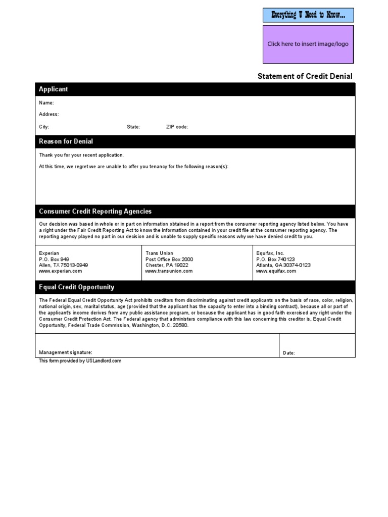 Credit Denial Statement Template | PDF | Social Science | Law