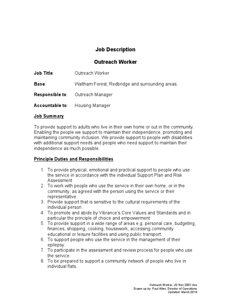 Job Description Outreach Worker: Job Title: Base: Responsible To ...