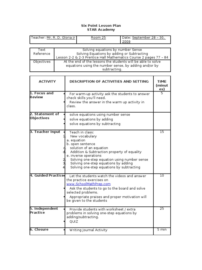 Six Point Lesson Plan STAR Academy Teacher: Mr. R. D. | PDF | Equations ...