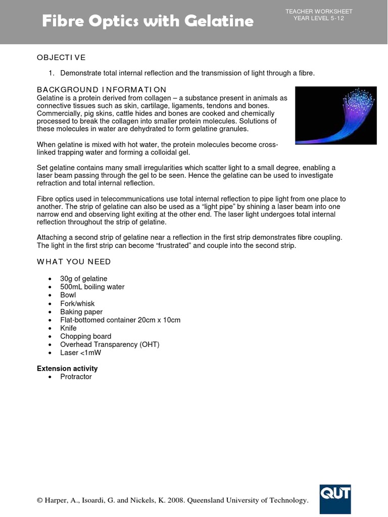 Fibre Optics With Gelatine Teacher Worksheet | PDF | Optical Fiber | Prism