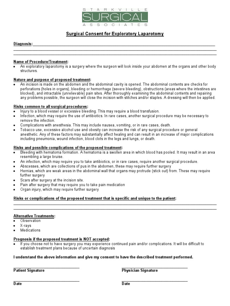 Surgical Consent for Exploratory Laparotomy | PDF | Bleeding | Surgery
