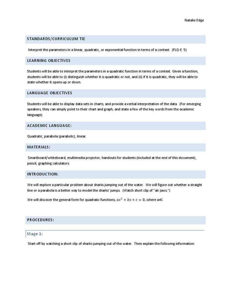 Quadratic Functions Lesson Plan | PDF | Function (Mathematics) | Cognition