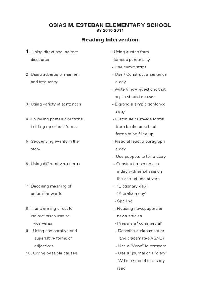 Reading Intervention Strategies for Students | PDF