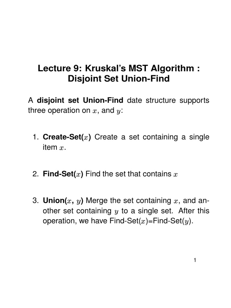 Lecture 9: Kruskal's MST Algorithm: Disjoint Set Union-Find | PDF | Algorithms | Algorithms And ...