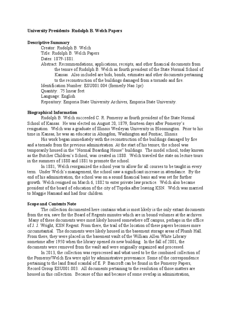 Rudolph B Welch Papers Finding Aid | PDF | Kansas | Further Education