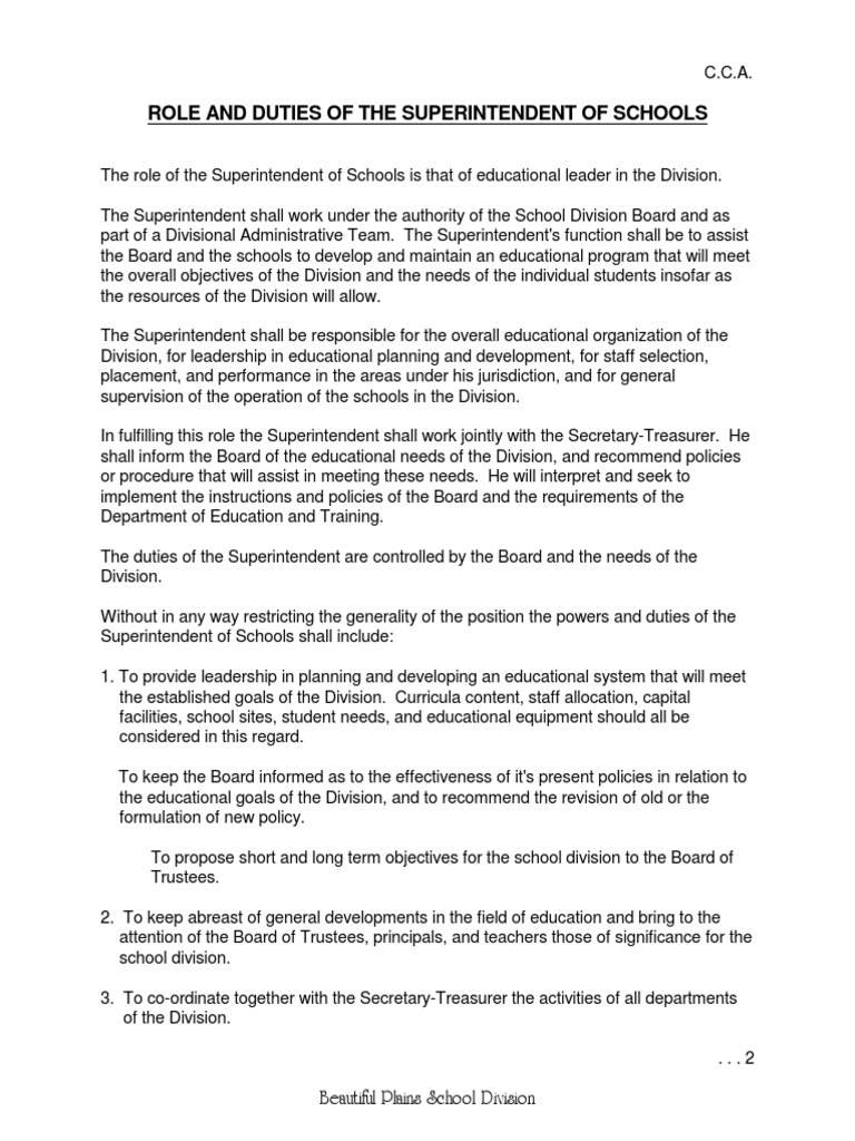 Role And Duties Of The Superintendent Of Schools Beautiful Plains