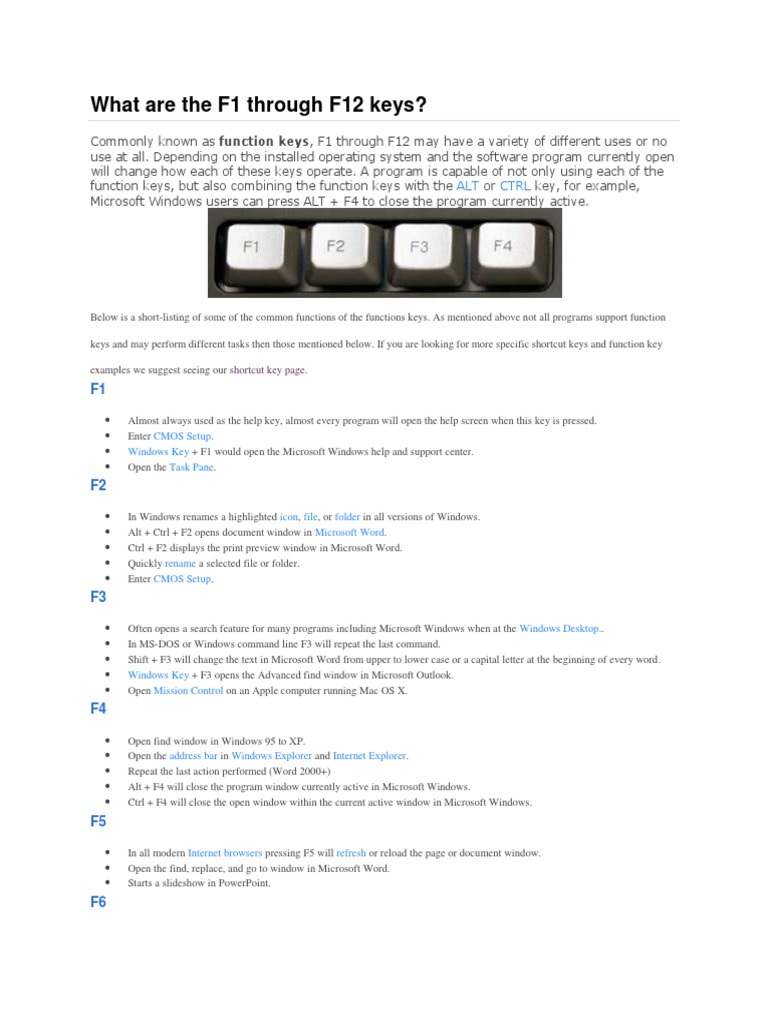 Short Keys f1-f12 | PDF | Microsoft Word | Keyboard Shortcut