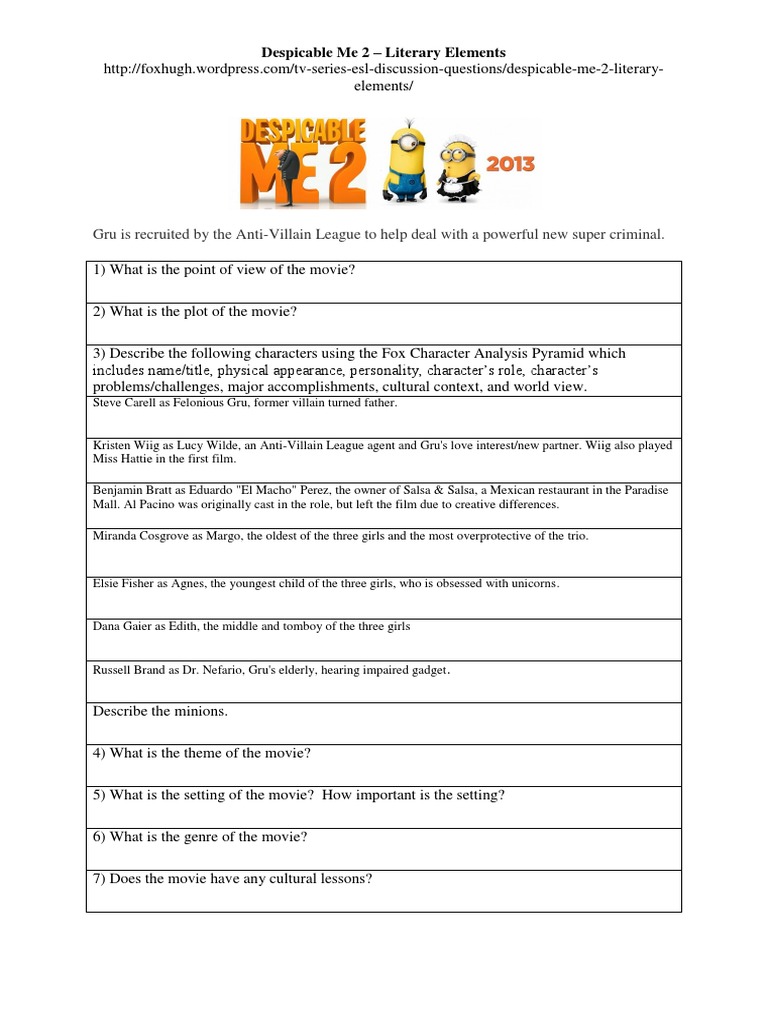 Despicable Me 2 Literary Elements Worksheet | PDF