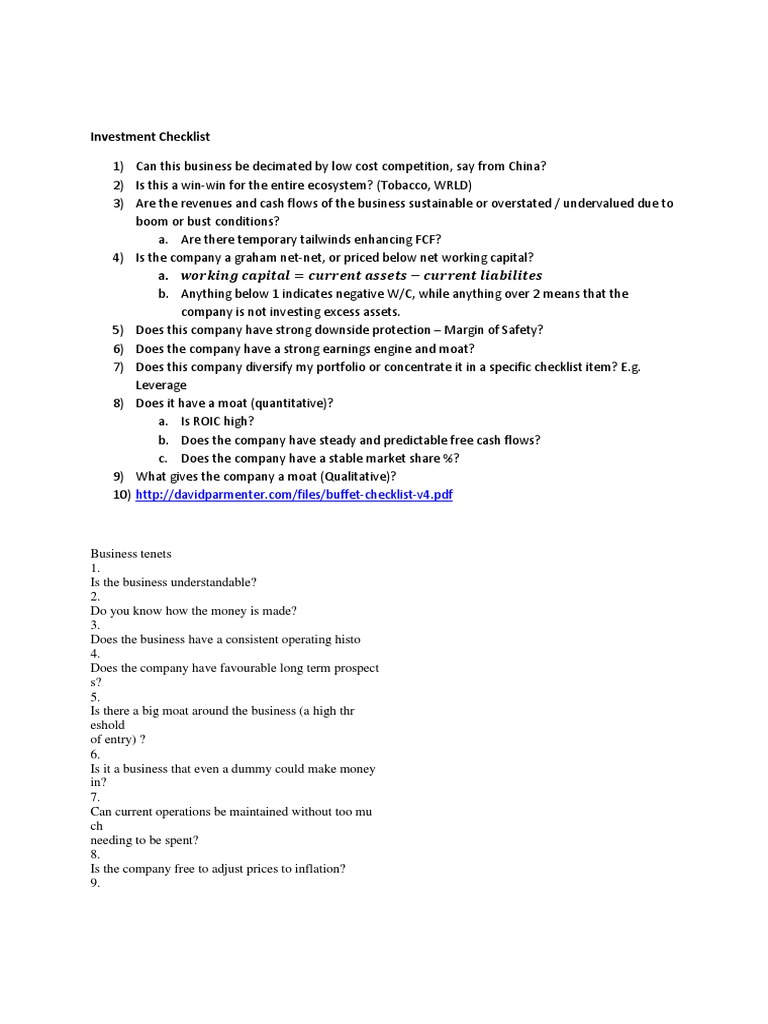 Investment Checklist | PDF | Stocks | Mergers And Acquisitions
