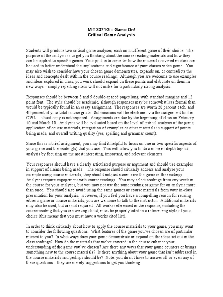 MIT3371-Analysis002 Video Game Assignment | PDF | Video Games | Analysis