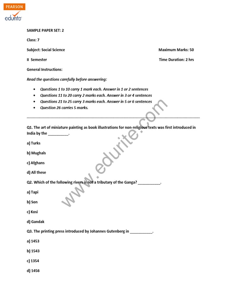 Class 7 Cbse Social Science Sample Paper Term 2 Model 2 | PDF | South ...