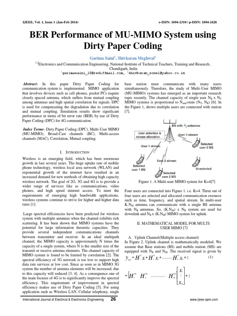 BER Performance of MU-MIMO System Using Dirty Paper Coding | PDF | Mimo | Wireless