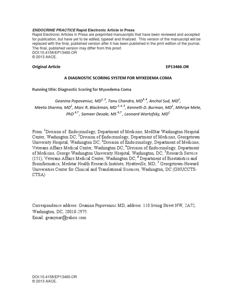 A Diagnostic Scoring System For Myxedema Coma | PDF | Hypothyroidism ...