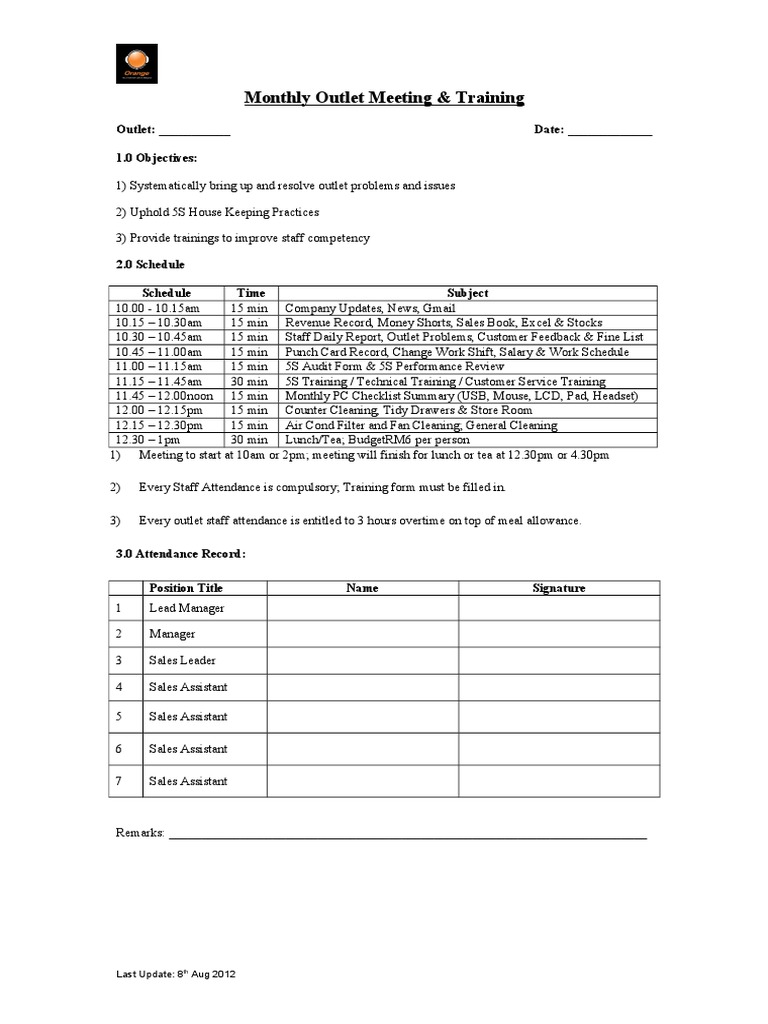 Orange Outlet Meeting Form (Last Update 8th August 2012) | PDF ...