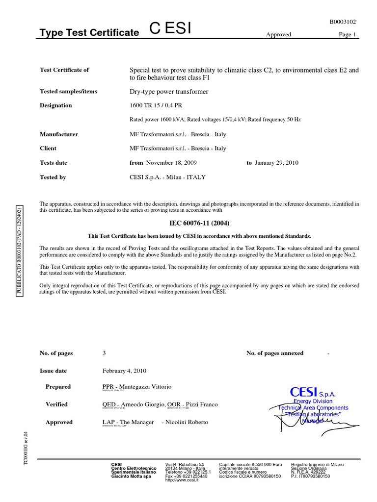 Type-Test Certificate of Dry-type Transformer | High Voltage | Transformer