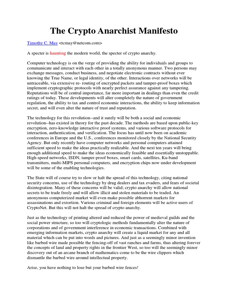 Crypto Anarchist Manifesto by Timothy May | PDF | Secure Communication ...