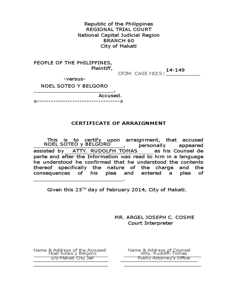 Certificate of Arraignment | PDF