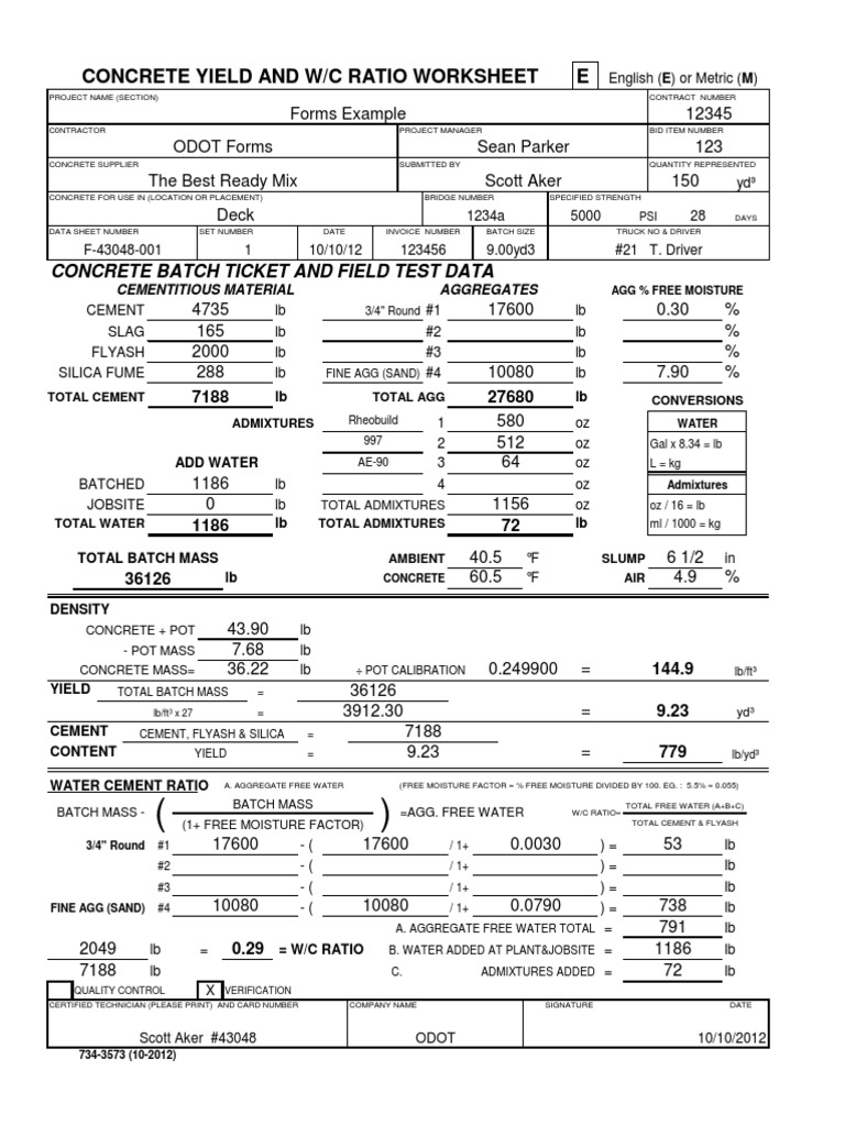 E Concrete Yield and W/C Ratio Worksheet | PDF