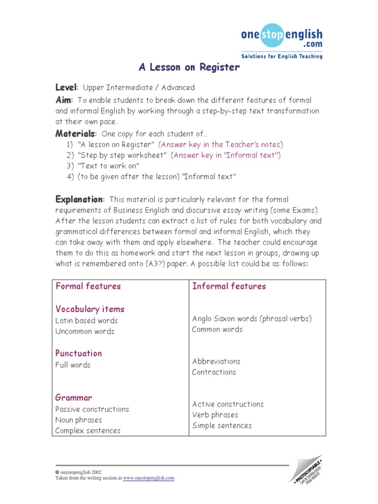 Writing Register Formal Informal | PDF