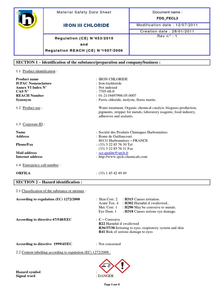 Fds Chlorure Ferrique GB v1 | PDF | Toxicity | Corrosion