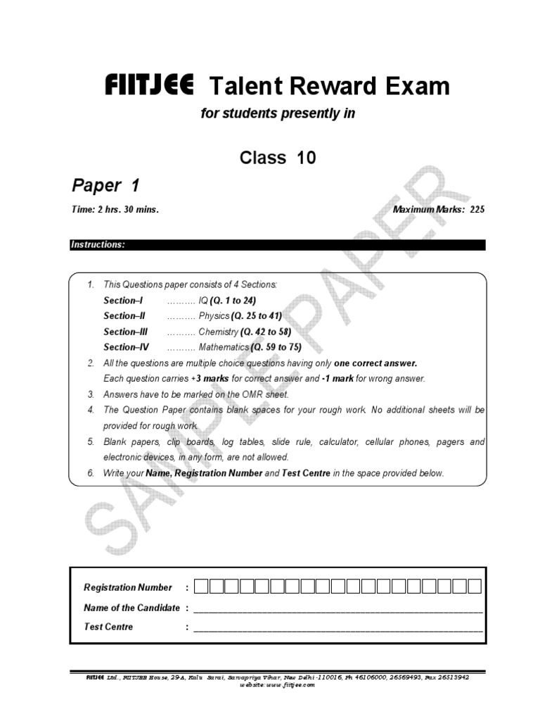 FIITJEE FTRE Entrance Paper For Class 10 With Best Questions PDF | PDF | Area | Speed Of Light