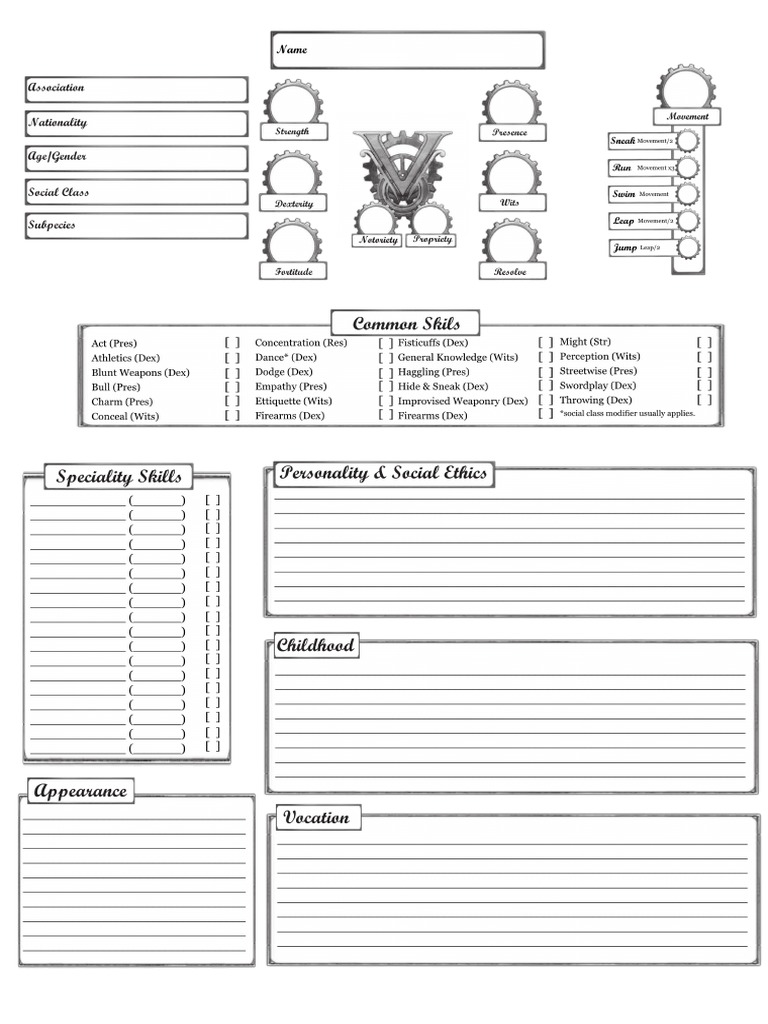 Victoriana 3rd Ed 4pg Character Sheet | PDF