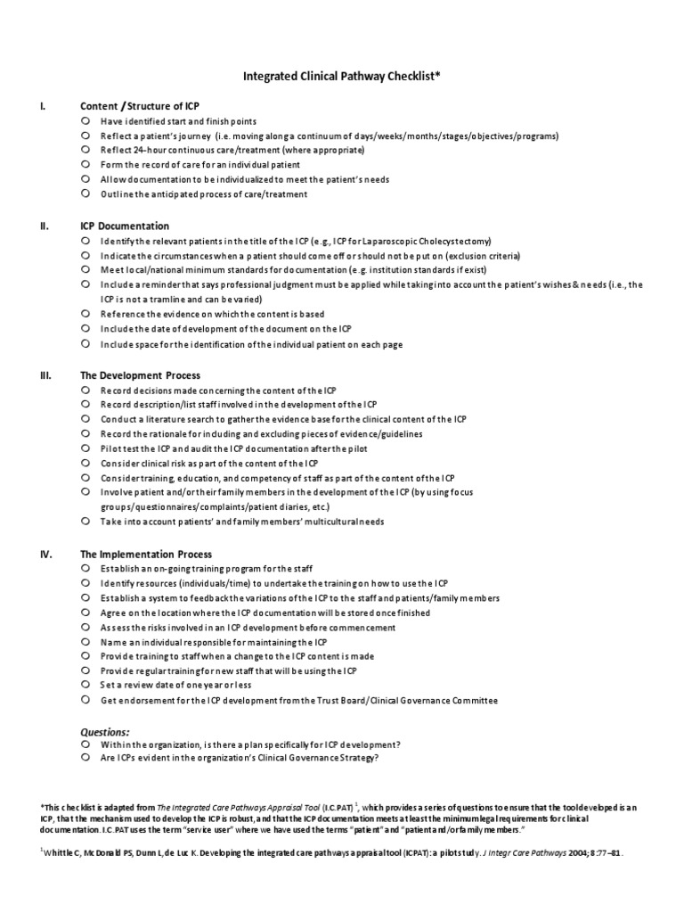 Integrated Clinical Pathway Checklist | PDF | Medicine | Health Care