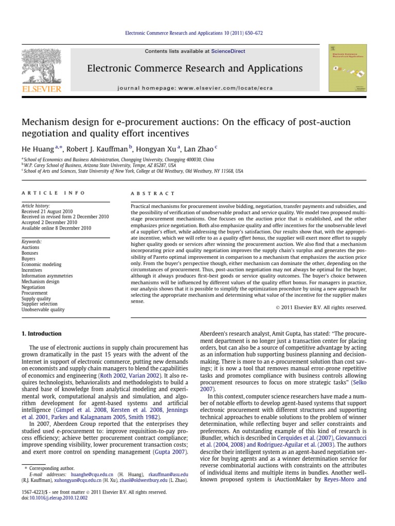 Mechanism Design For e Procurement Auctions On The Efficacy of Post ...