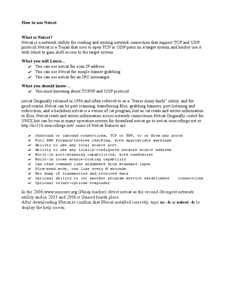 Netcat Manual | PDF | Port (Computer Networking) | Transmission Control Protocol